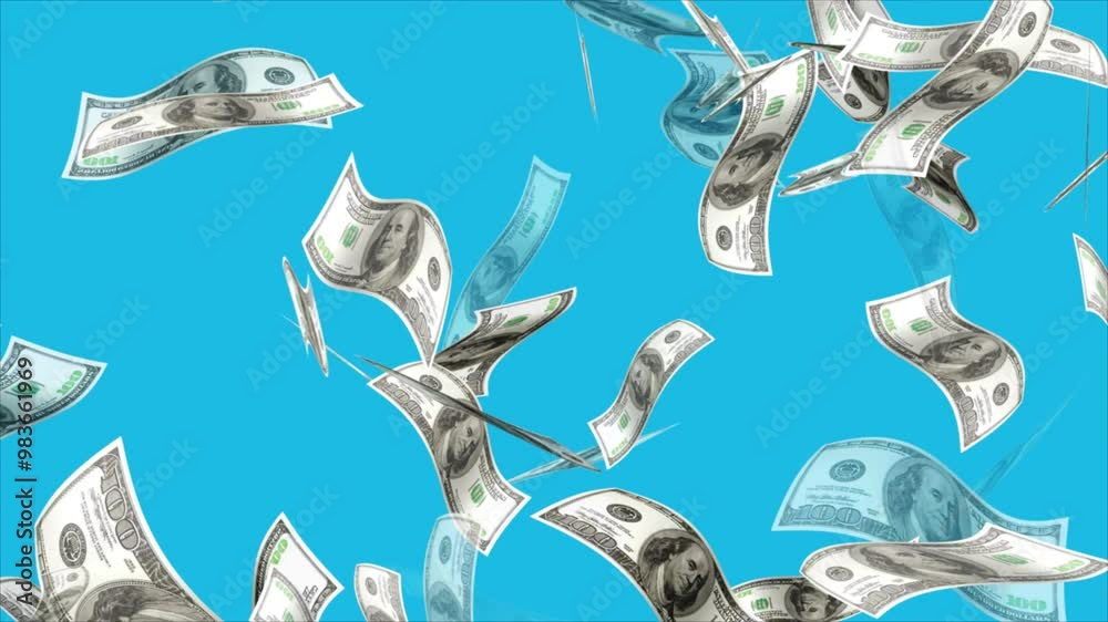 Animation of 100 dollar bills falling on blue background, Money falling ...