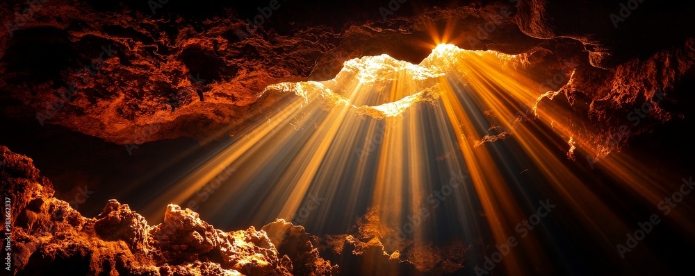Mystical cave entrance illuminated by sunlight, hidden wonder ...
