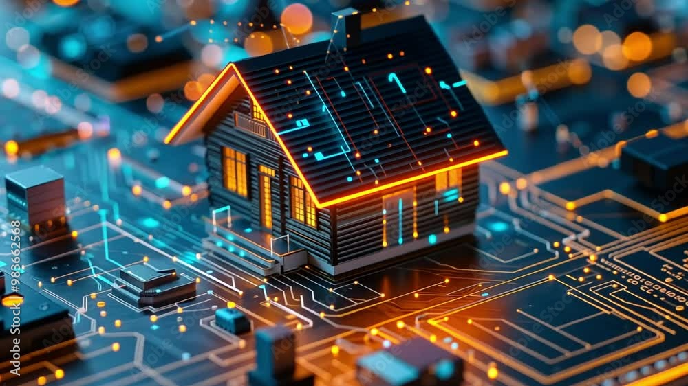 A digital representation of a house surrounded by a circuit board ...