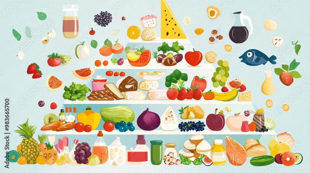 Colorful food pyramid illustration showcasing a variety of nutritious ...