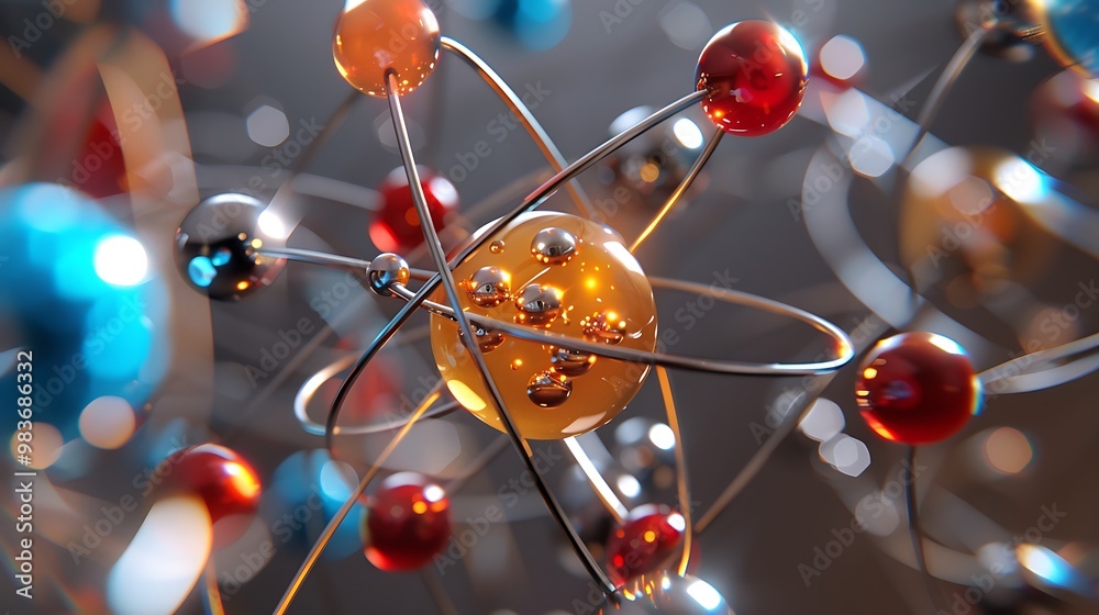 Abstract representation of an atom with colored spheres orbiting a ...