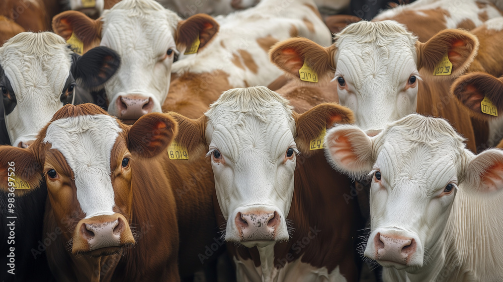 A large group of cows of different breeds and sizes stands together ...