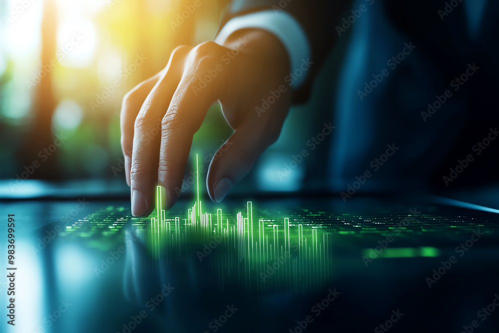Hand analyzing data on a digital touchscreen with vibrant green ...