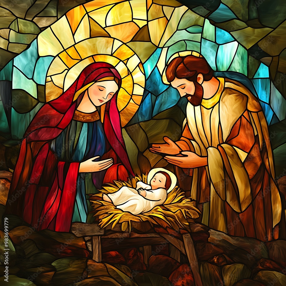 Fotografía A stained glass window depicting the nativity scene with ...