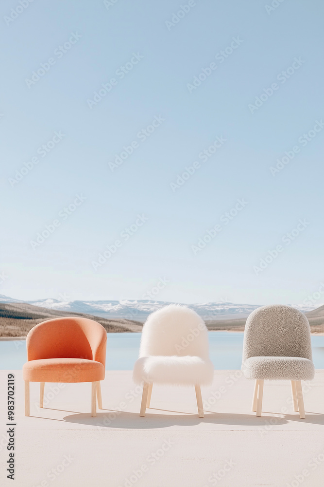 Three chairs are sitting on a beach, with the middle chair being the ...