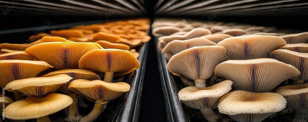 An overhead view of a mushroom farm with rows of different edible fungi ...