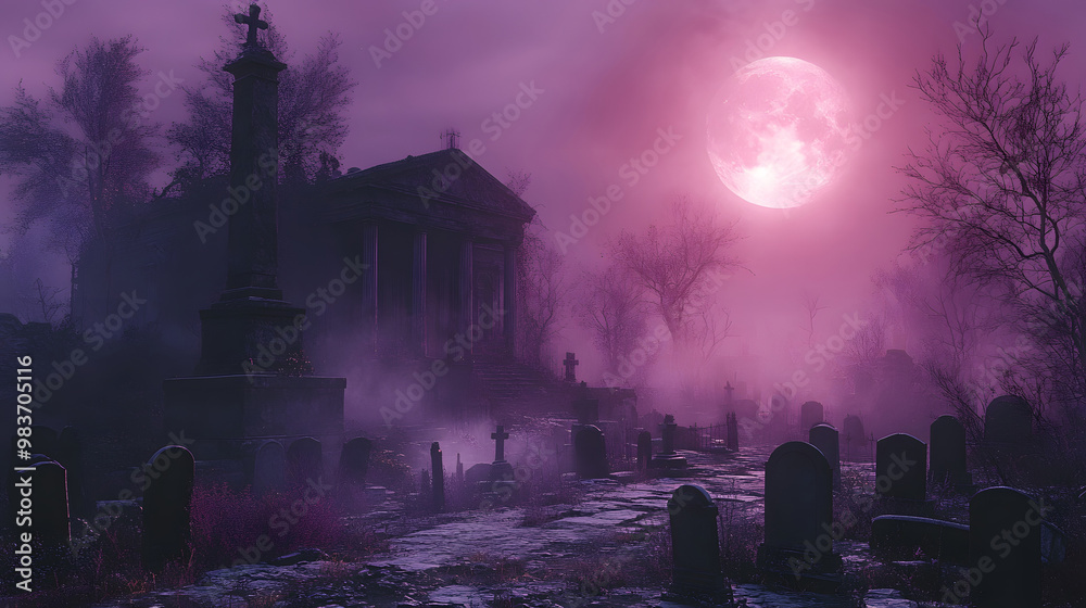 Spooky Halloween cemetery scene with a purple backdrop, graves, and fog ...