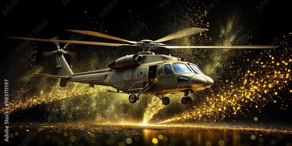 Military helicopter with glow particles formation on a black background ...