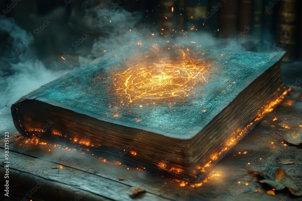 ancient spellbook glowing magical symbols swirling mist and sparks ...