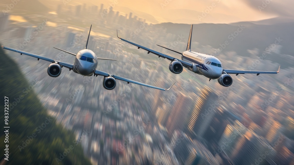 Aerial view of two airplanes, one large and one small, flying in ...