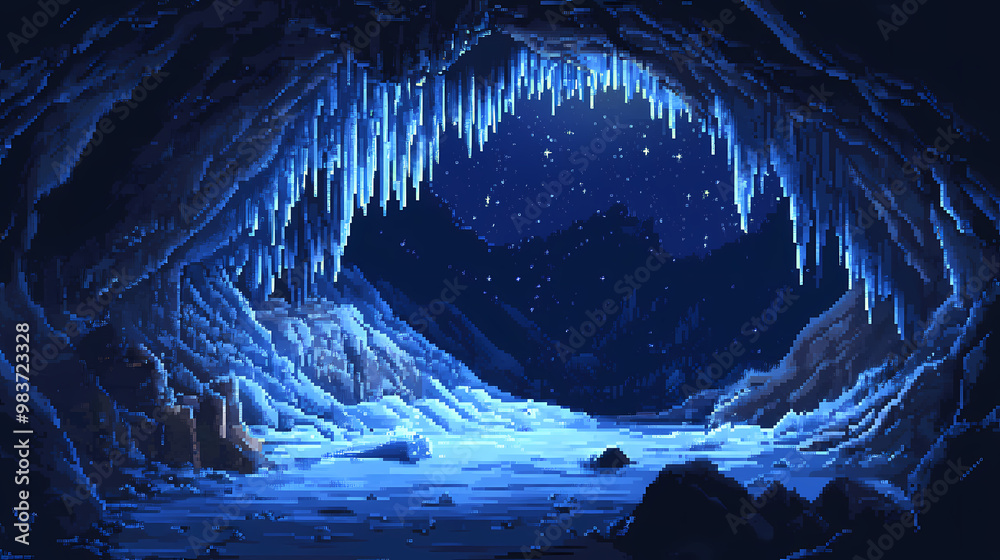 Mysterious pixel art cave with icy stalactites and a serene, starry ...