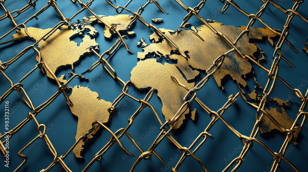 A world map is depicted behind chain link fence, symbolizing barriers ...