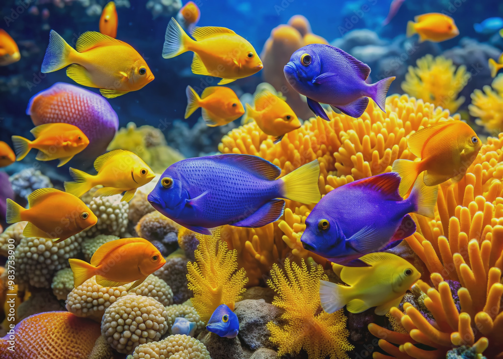 Vibrant orange and blue damsel fish swim alongside yellow and purple ...