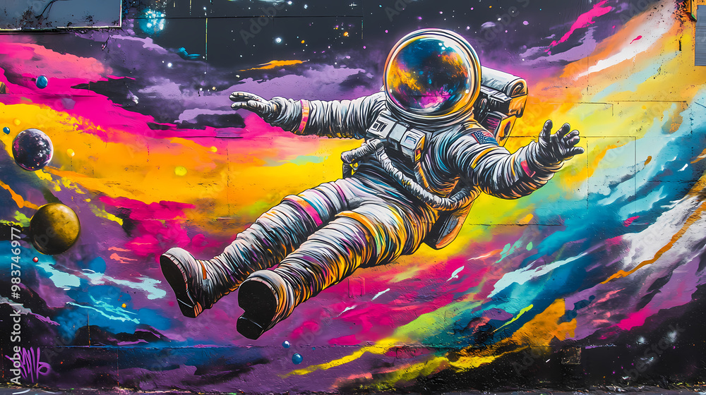 Vivid graffiti mural depicting an astronaut floating in space, bringing ...