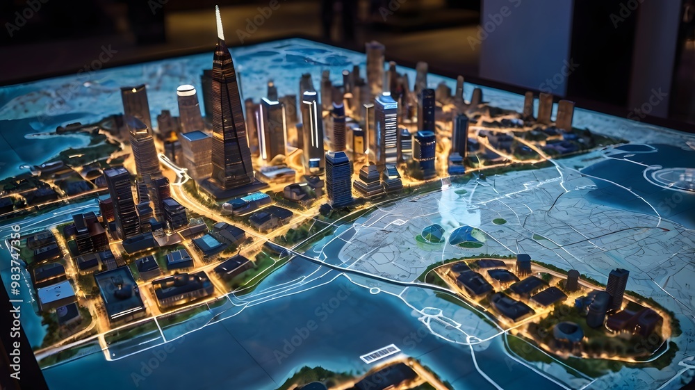 An augmented reality map projected onto a table, displaying interactive ...