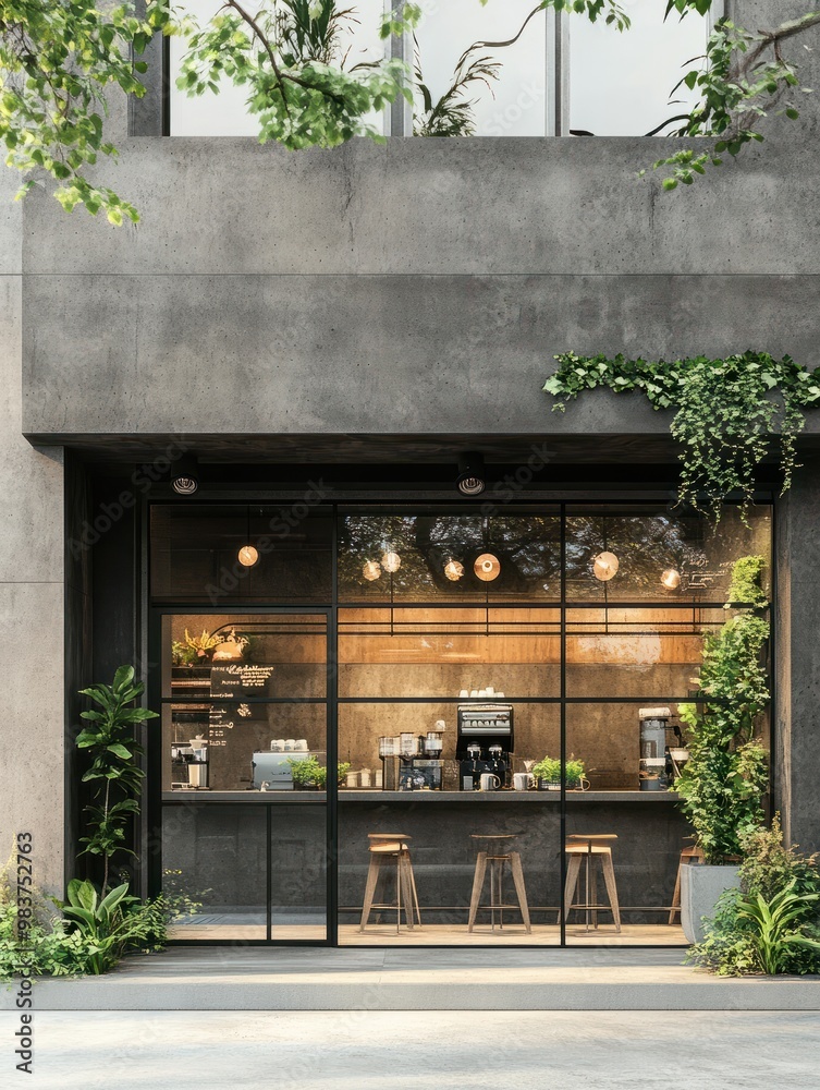 Chic minimalist modern concrete cafe shop facade with windows ...
