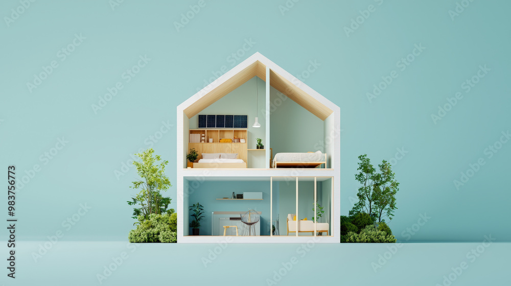 A cross section of modern house showcasing renewable energy features ...