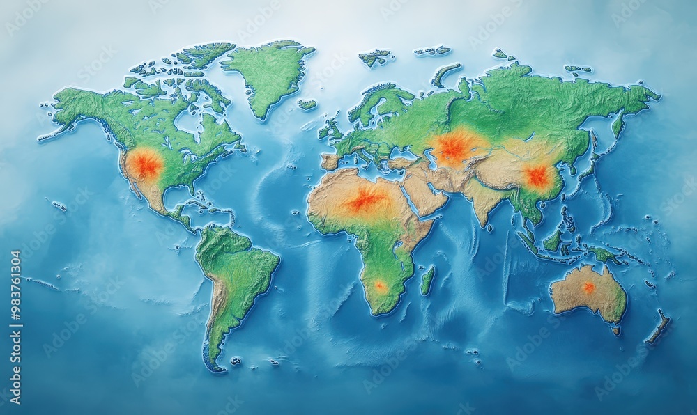World Map With Relief And Oceans. Stock Illustration | Adobe Stock