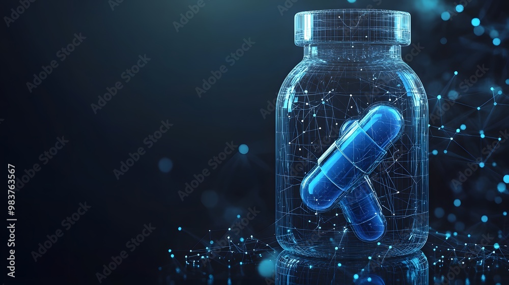 Plastic bottle with two abstract blue medical drug capsules. Healthcare ...