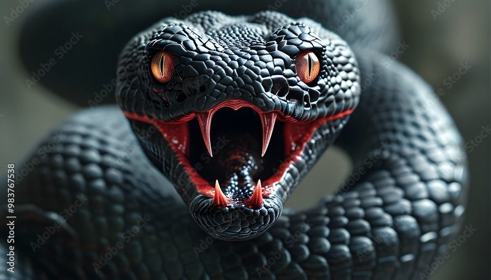 fearsome black venomous snake with a menacing mouth ready to strike ...
