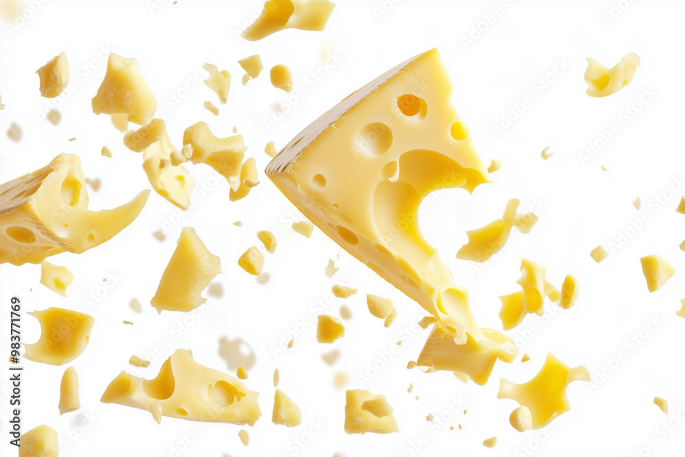 piece of yellow cheese is cut into pieces and scattered on a white ...