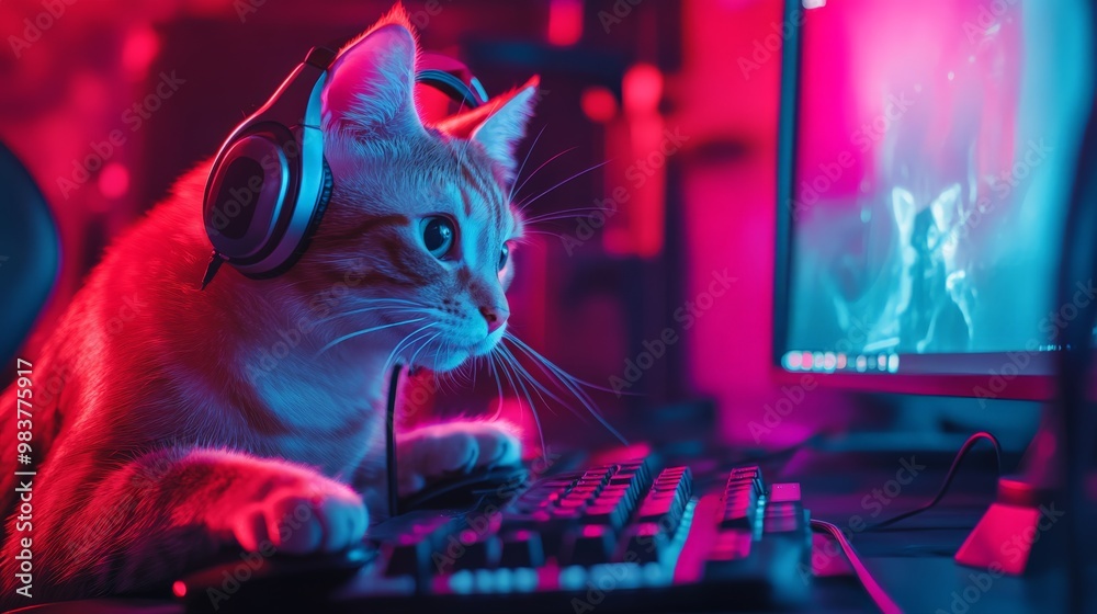 Adorable cat wearing headphones intensely playing a computer game with ...
