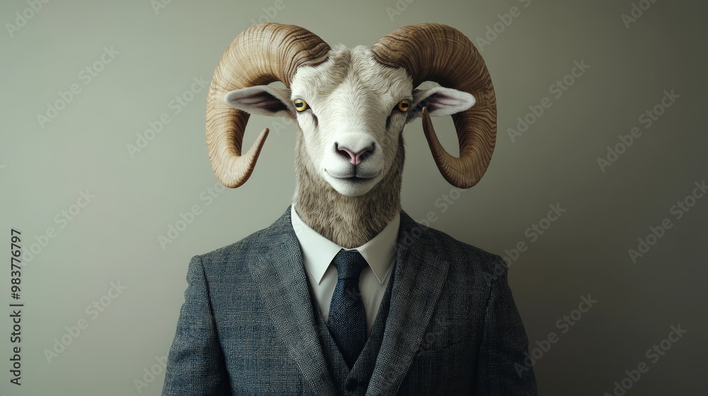 An anthropomorphic ram wearing a formal suit, blending animal ...
