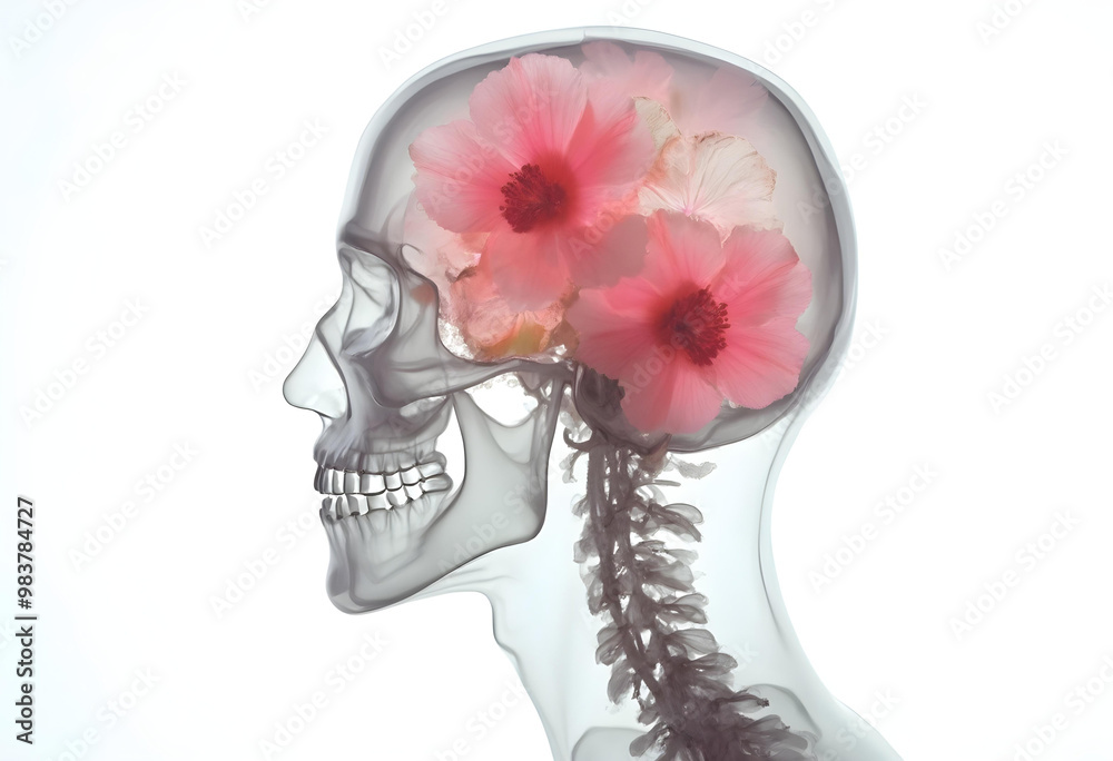 A creative representation of human skull with pink hibiscus flowers ...