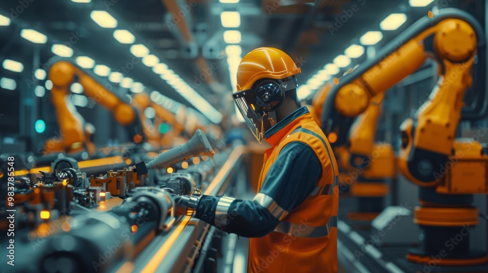 Factory workers in safety helmets and reflective vests guiding robotic ...