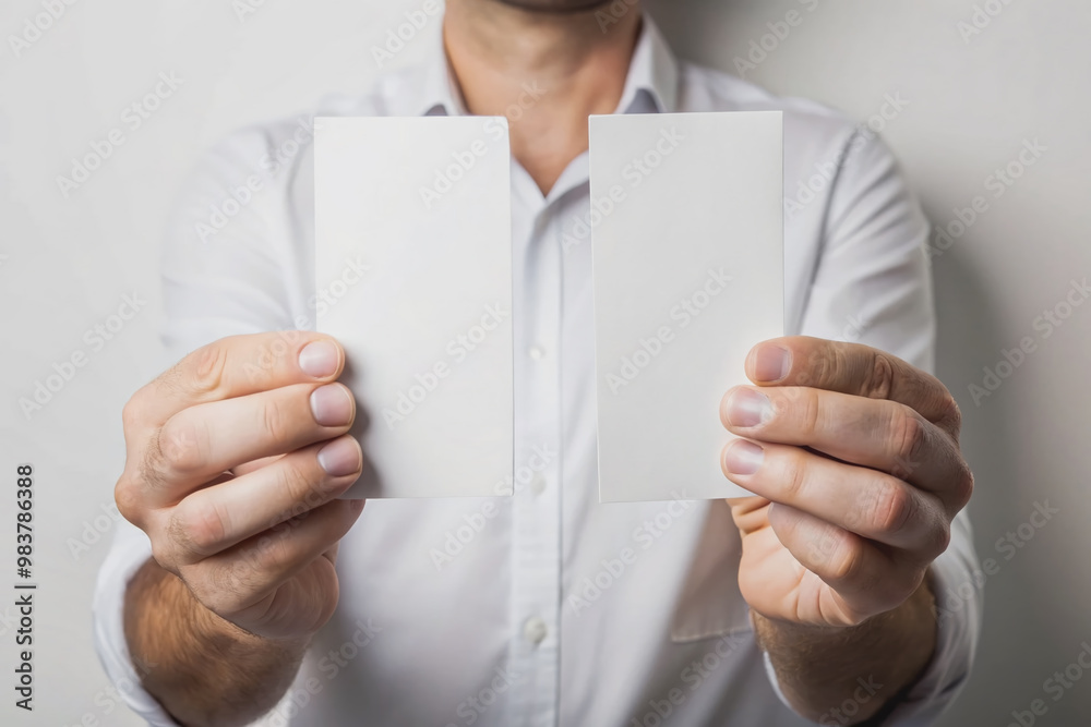 Male hand grasping two blank white rectangular papers with crisp folds ...