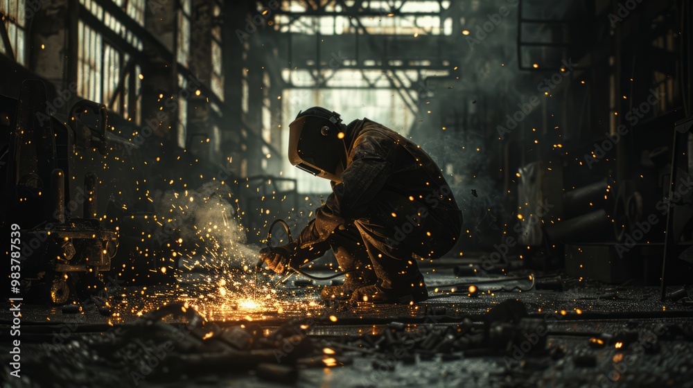 Welder working in a dimly lit, gritty industrial factory, sparks flying ...