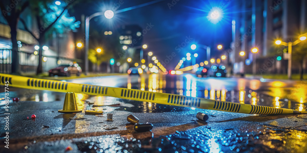 Forensic tools and evidence markers surround a city street crime scene ...