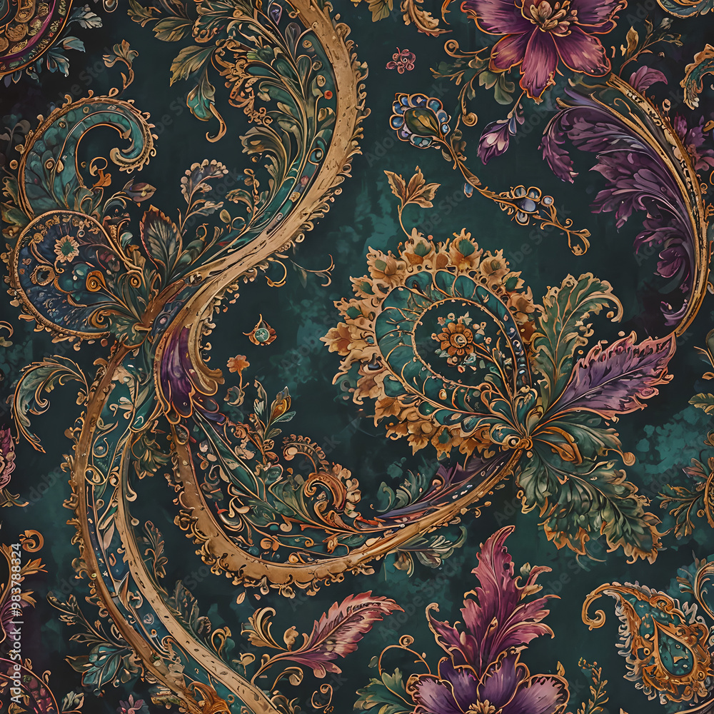Seamless paisley pattern in deep jewel tones of emerald, ruby, and ...