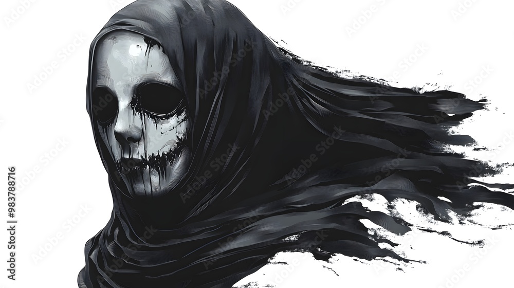 Undead figure with a tattered veil, layered with Halloween masks ...