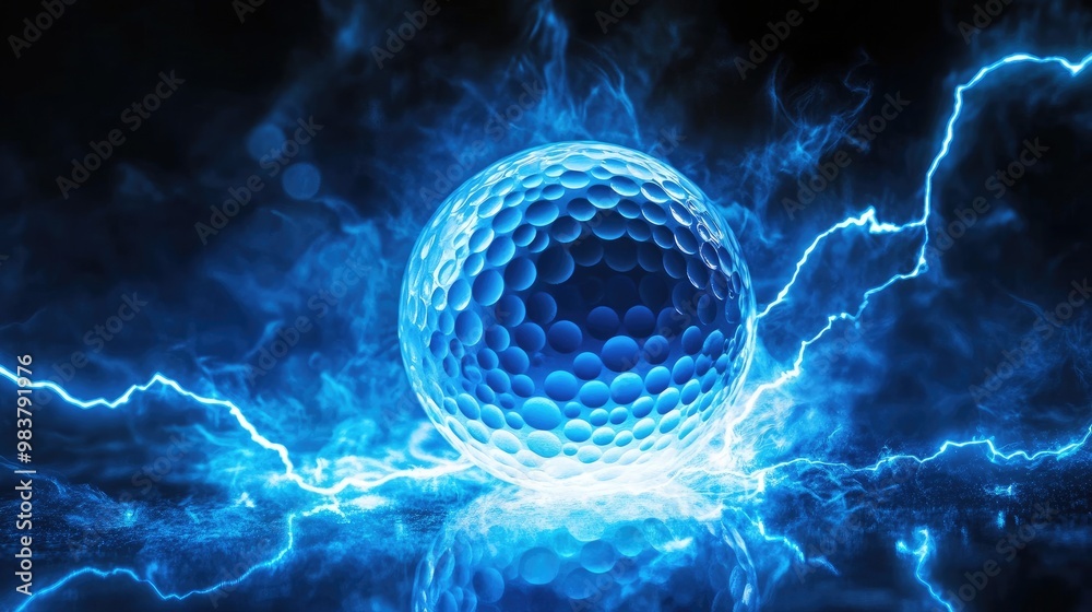 Golf ball encased in blue lightning, symbolizing power and energy ...