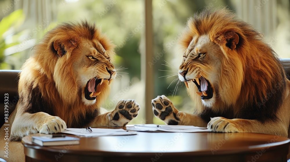 Fotografía Two fierce lions with open mouths growling and raising their ...