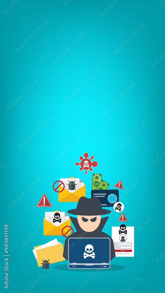 Hacker with laptop computer stealing confidential data, personal ...