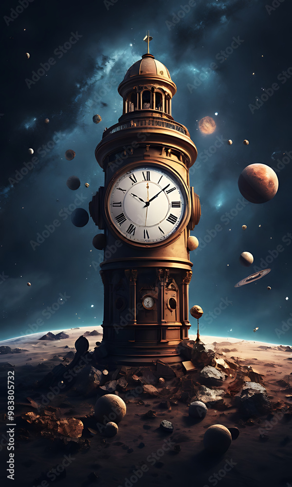 A clock tower with no hands, floating in space surrounded by planets ...