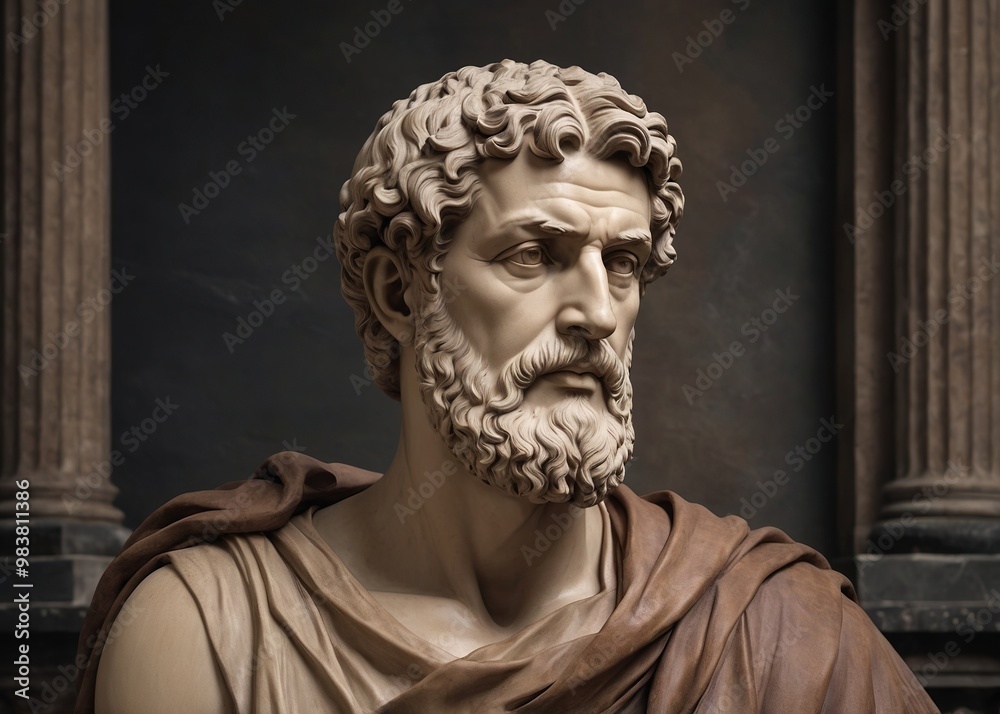 Marble statue of the ancient Roman philosopher Stoic with a beard and ...