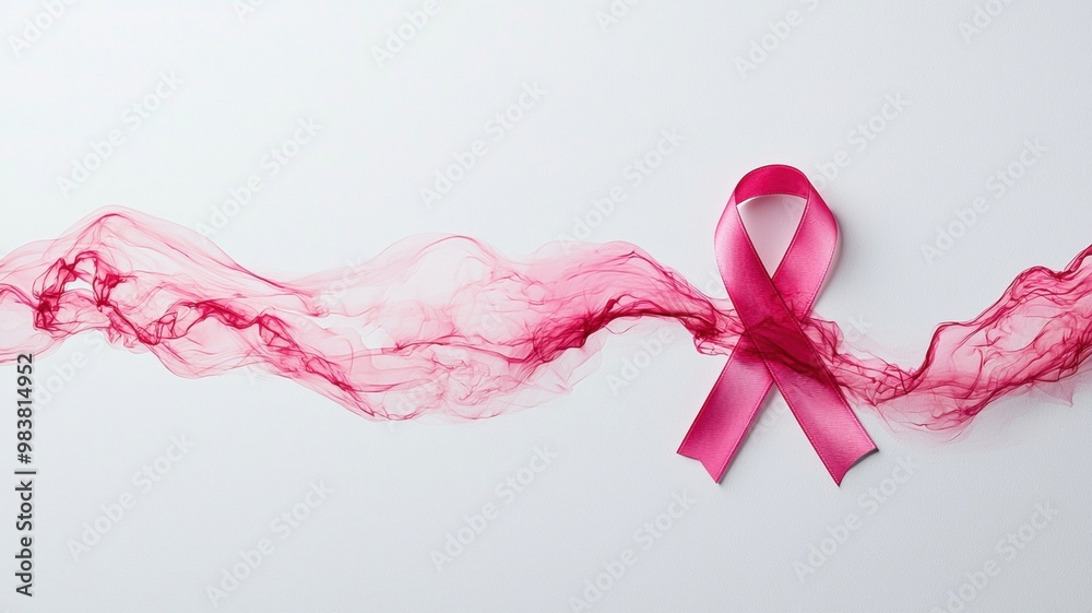 A minimalist pink ribbon symbol emerges from soft waves, representing ...
