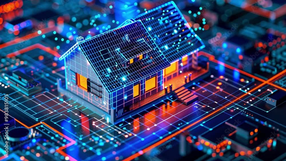 A futuristic house model sits on a vibrant circuit board, illuminated ...