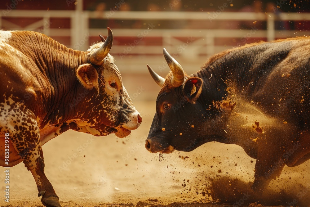 Two bulls face off in a bullfighting arena, their horns locked in a ...