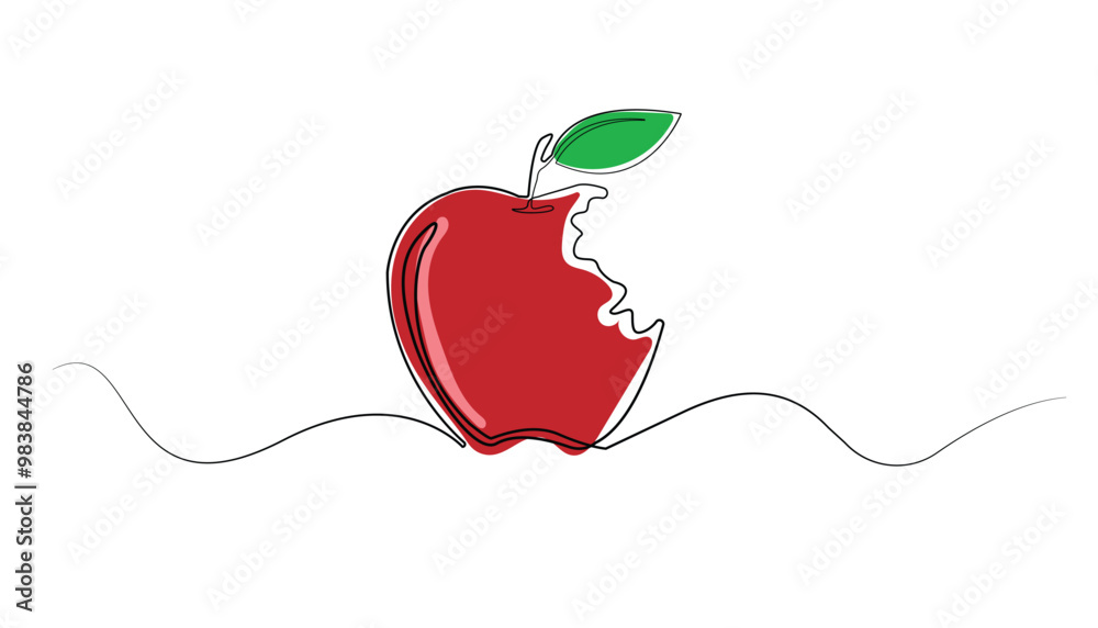 Line art drawing of a bitten apple. Abstract red apple line drawing ...