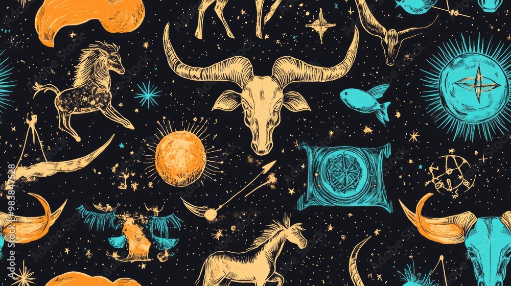 Seamless pattern featuring hand drawn doodles of zodiac signs and ...
