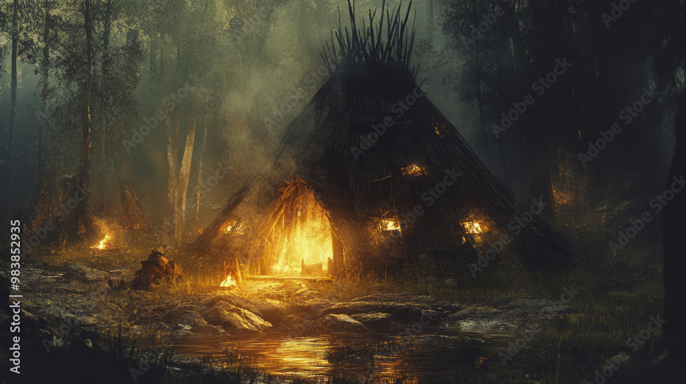 Sweat lodge in the moonlight with glowing fire inside and smoke trippy ...