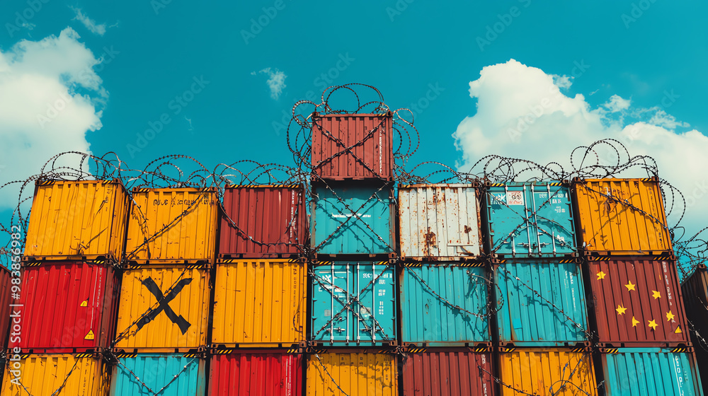 Cargo containers stacked but blocked by barbed wire and warning signs ...