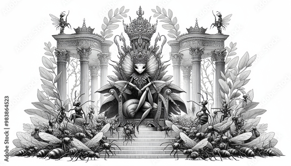Royal Ant Kingdom: A majestic ant queen sitting on a throne made of ...