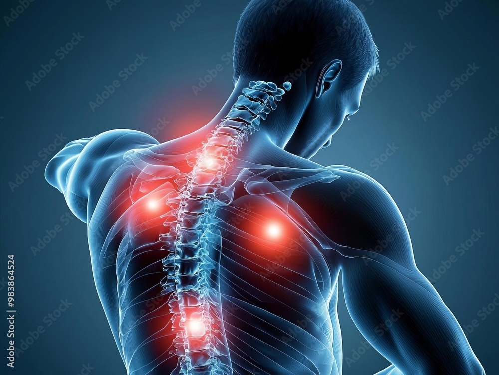 Highlighted back muscles with red spots indicating trigger points and ...