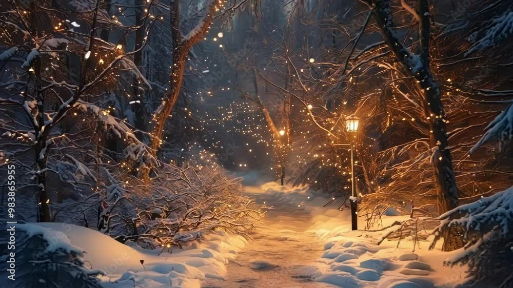 Snowy path through a forest at night, lit by twinkling lights, creating ...