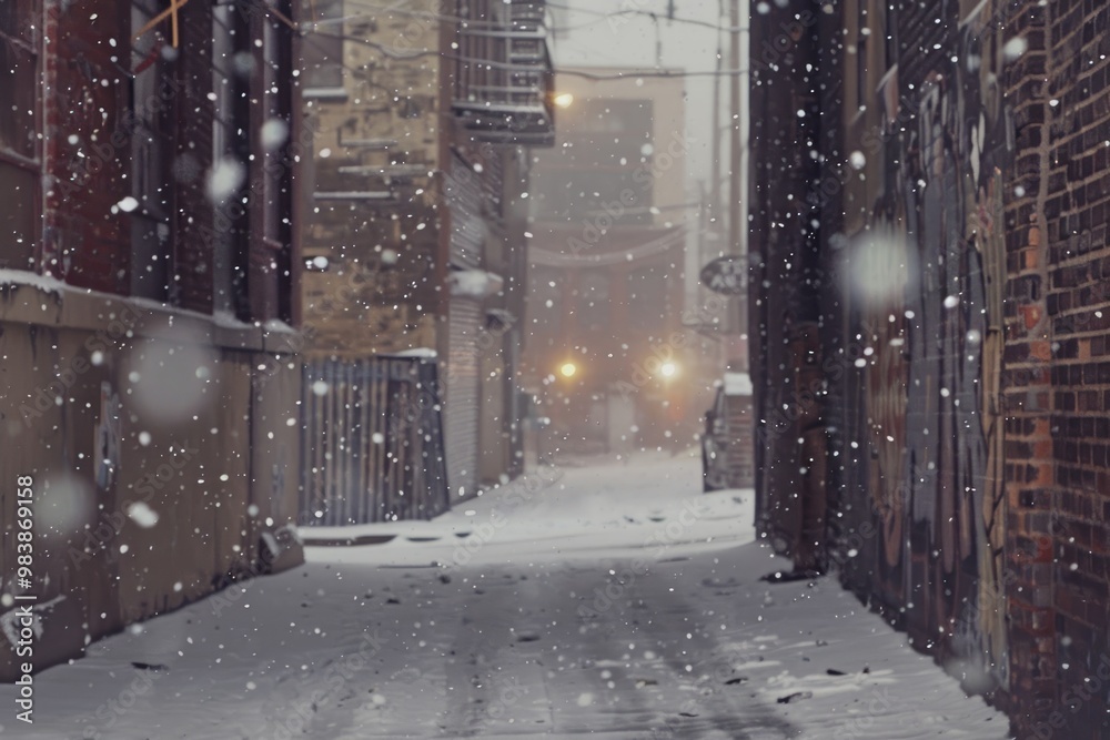 Snowfall in an alleyway between brick buildings in the city. Urban ...